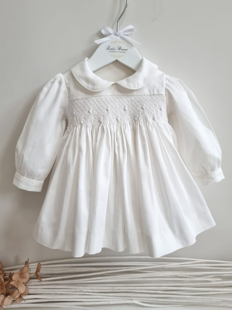 White Smock Dress with White Tri Rose Buds – Little Dream