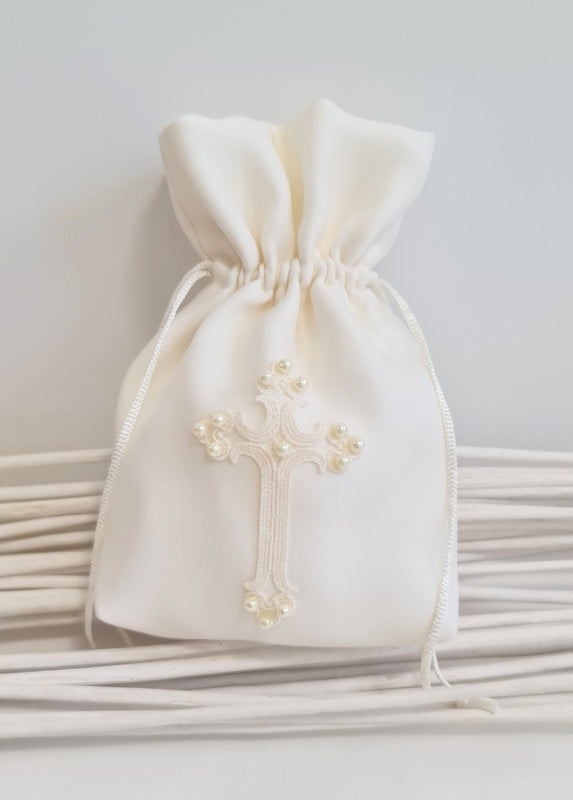 Holy Communion Bag with Pearl Cross – White or Ivory – Little Dream