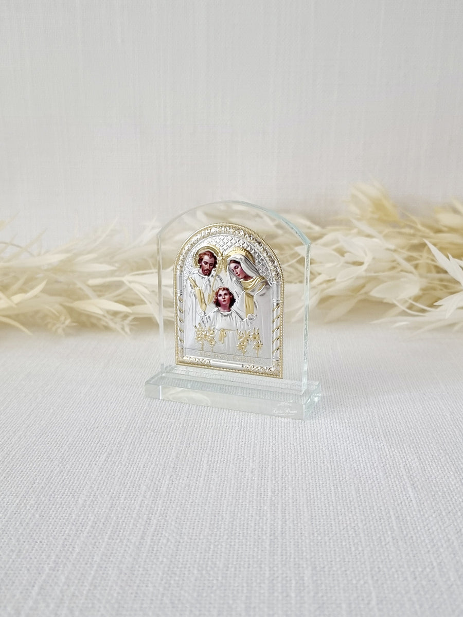 PLQ031 - 'Holy Family' Silver and Gold Embossed Glass Freestanding Pla ...