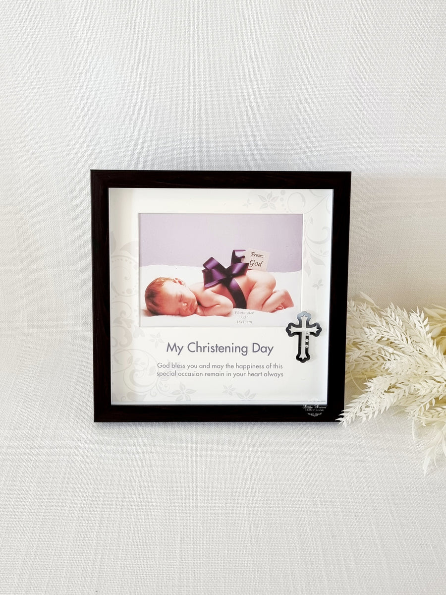 ‘My Christening Day’ Cross & Photo Brown Wooden Square Frame – Little Dream